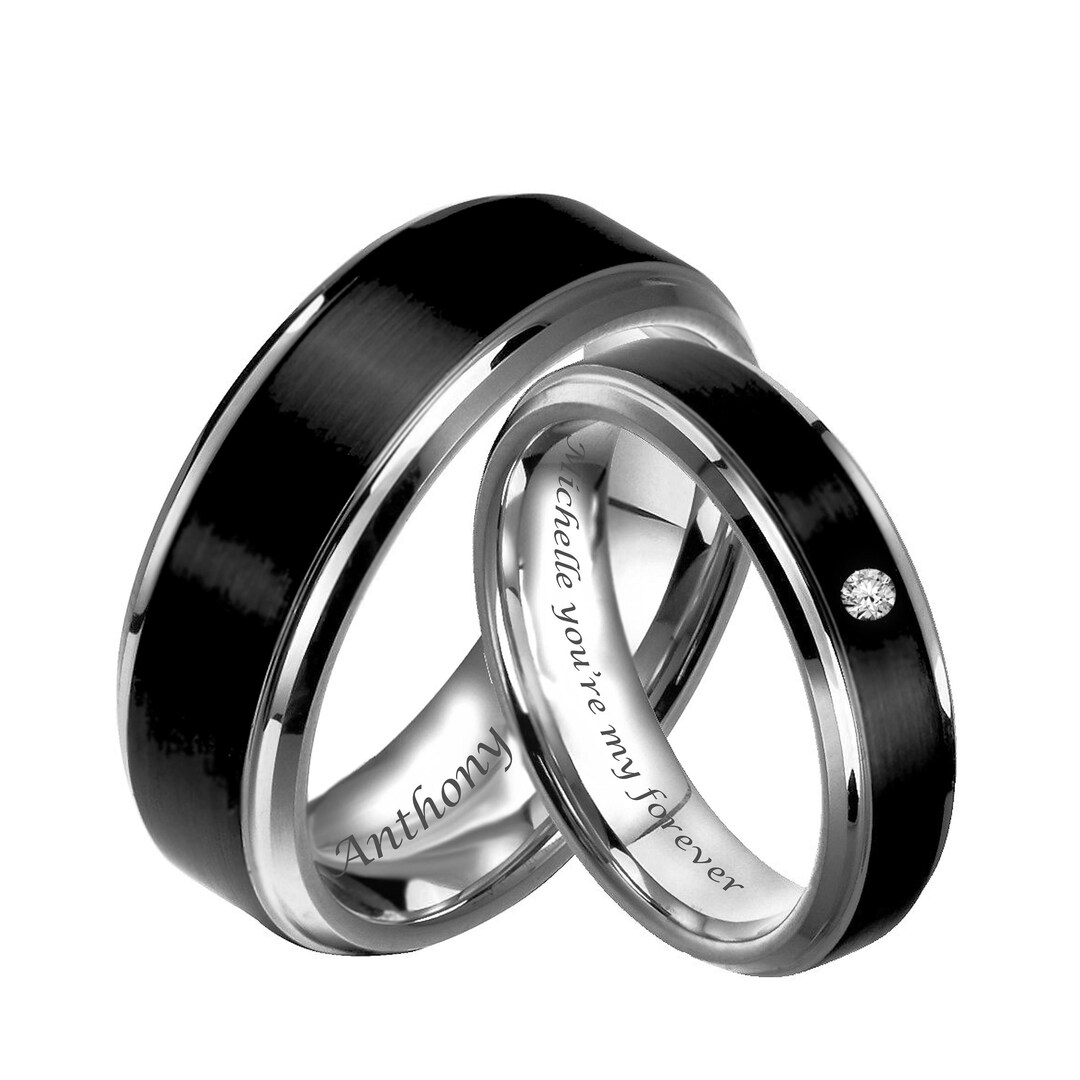 Engraved Black Titanium Ring Set, Personalized Promise Rings - Etsy