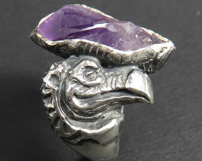 Sterling Silver Ring With Dark Amethyst Crystal - Raw Amethyst - Goth ...