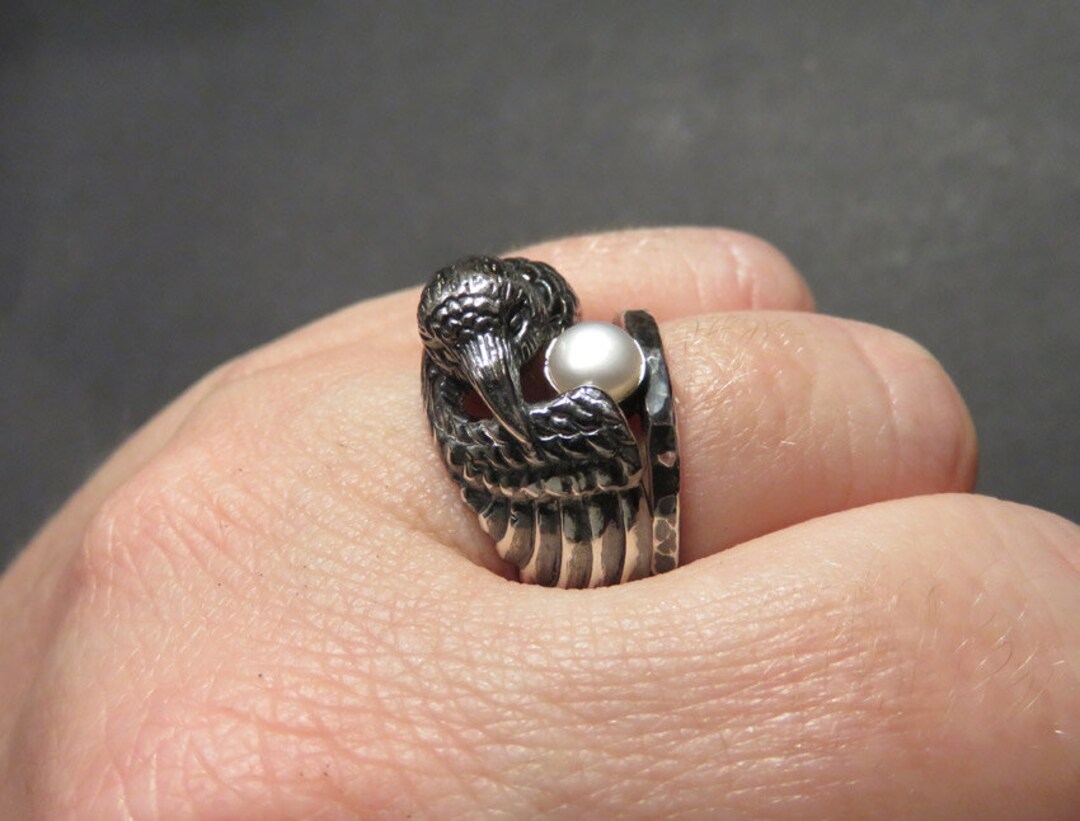 Black Raven Ring With Pearl Companion - Sculpted Double Ring in ...