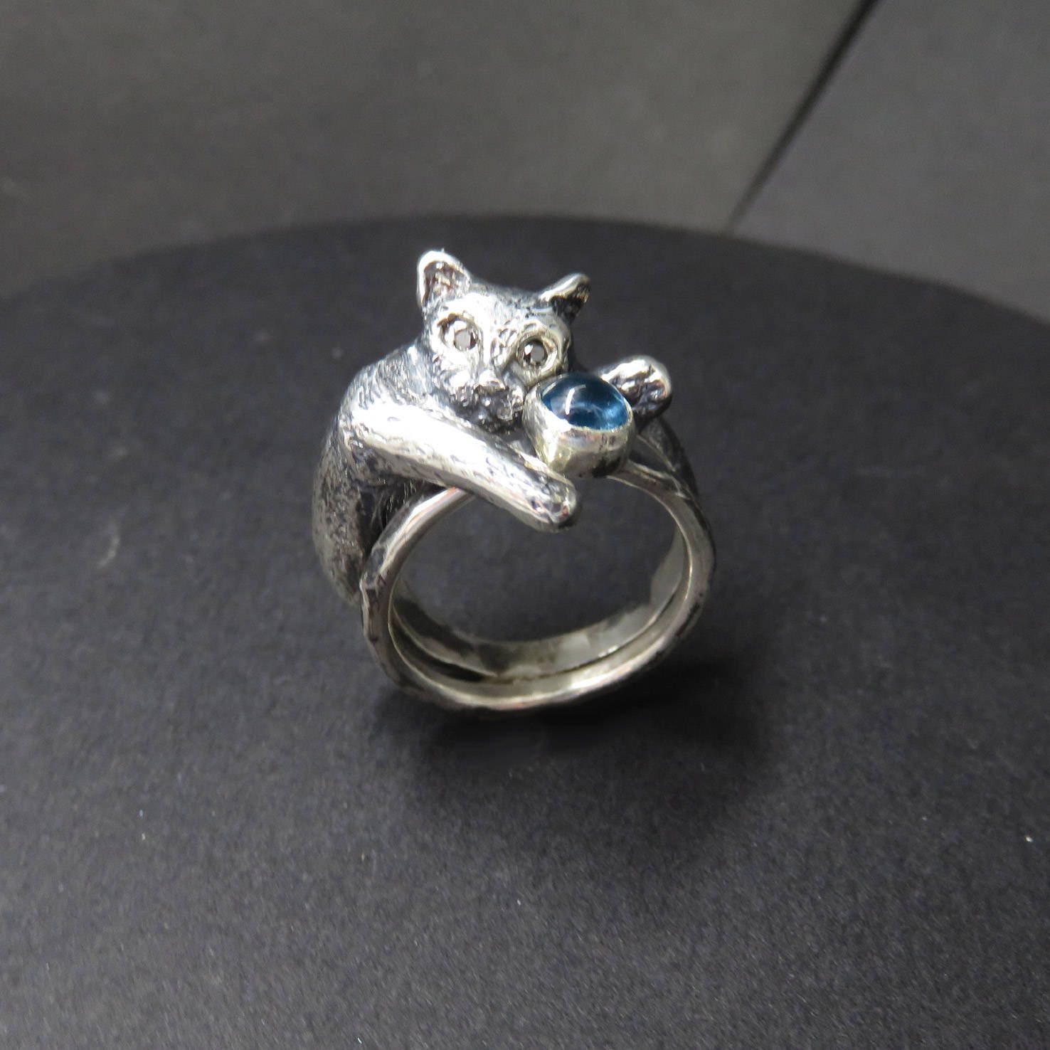 Cat Ring With Black Diamond Eyes - Cat With Ball - Blue Topaz Ring ...