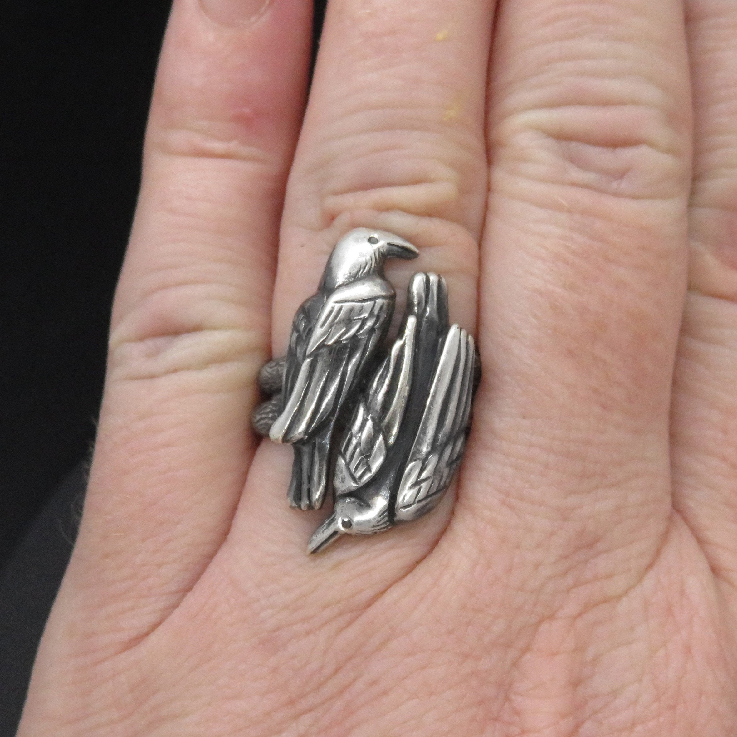 Two Ravens With Black Diamond Eyes Double Ring - Huginn and Muninn Ring ...