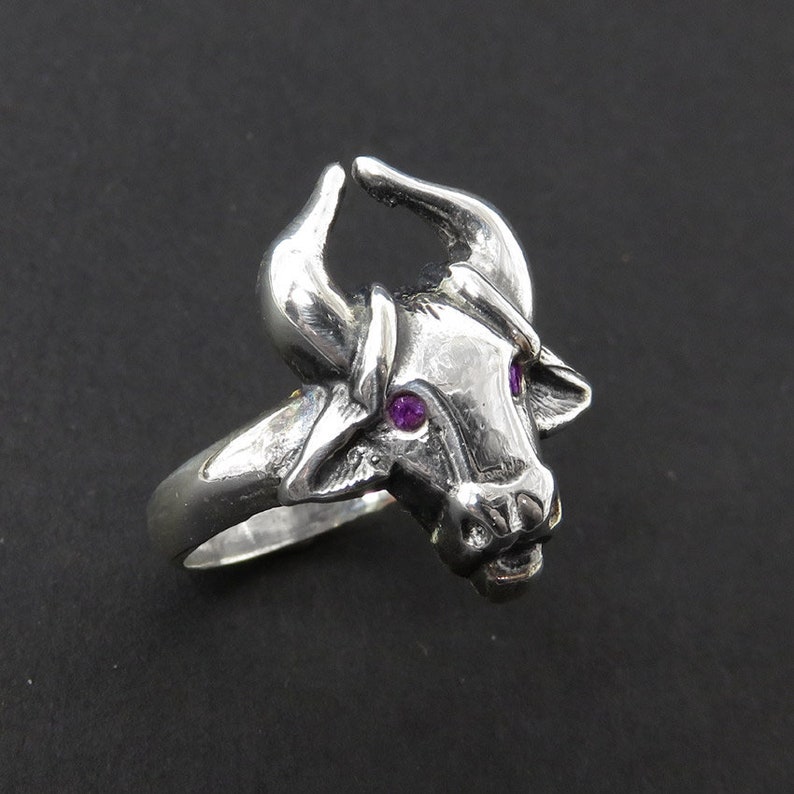 Taurus Ring With Amethyst Eyes Silver Ox Ring Bull Ring | Etsy