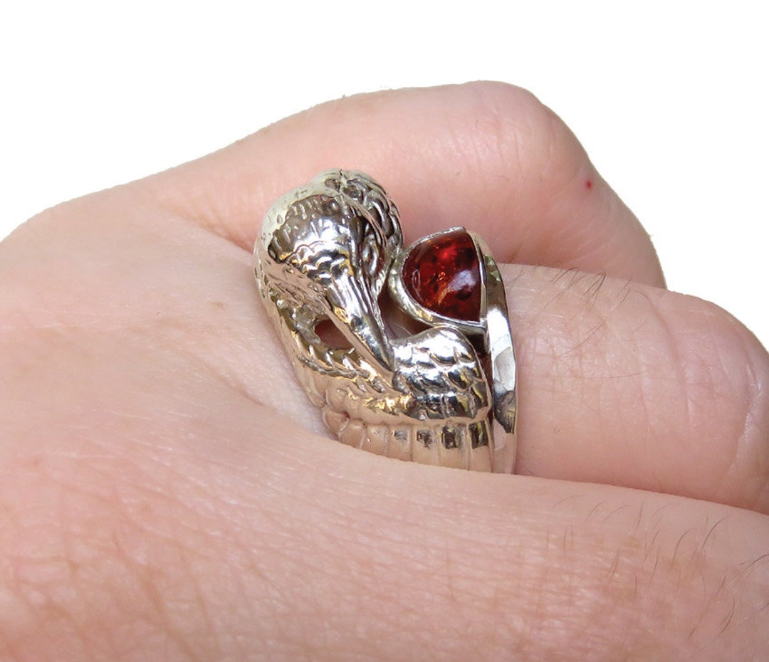 White Raven Ring With Amber Companion - Sculpted Double Ring in ...
