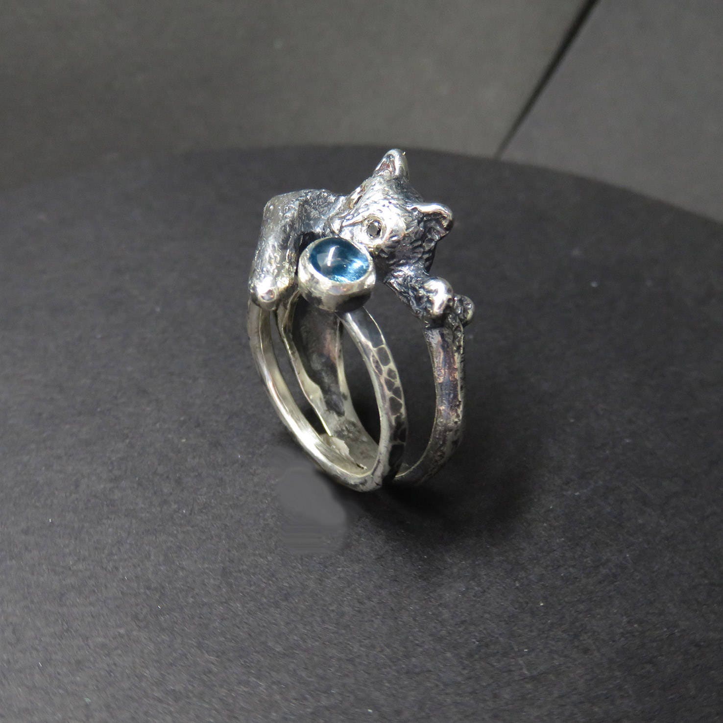 Cat Ring with Black Diamond Eyes Cat with Ball Blue Topaz | Etsy