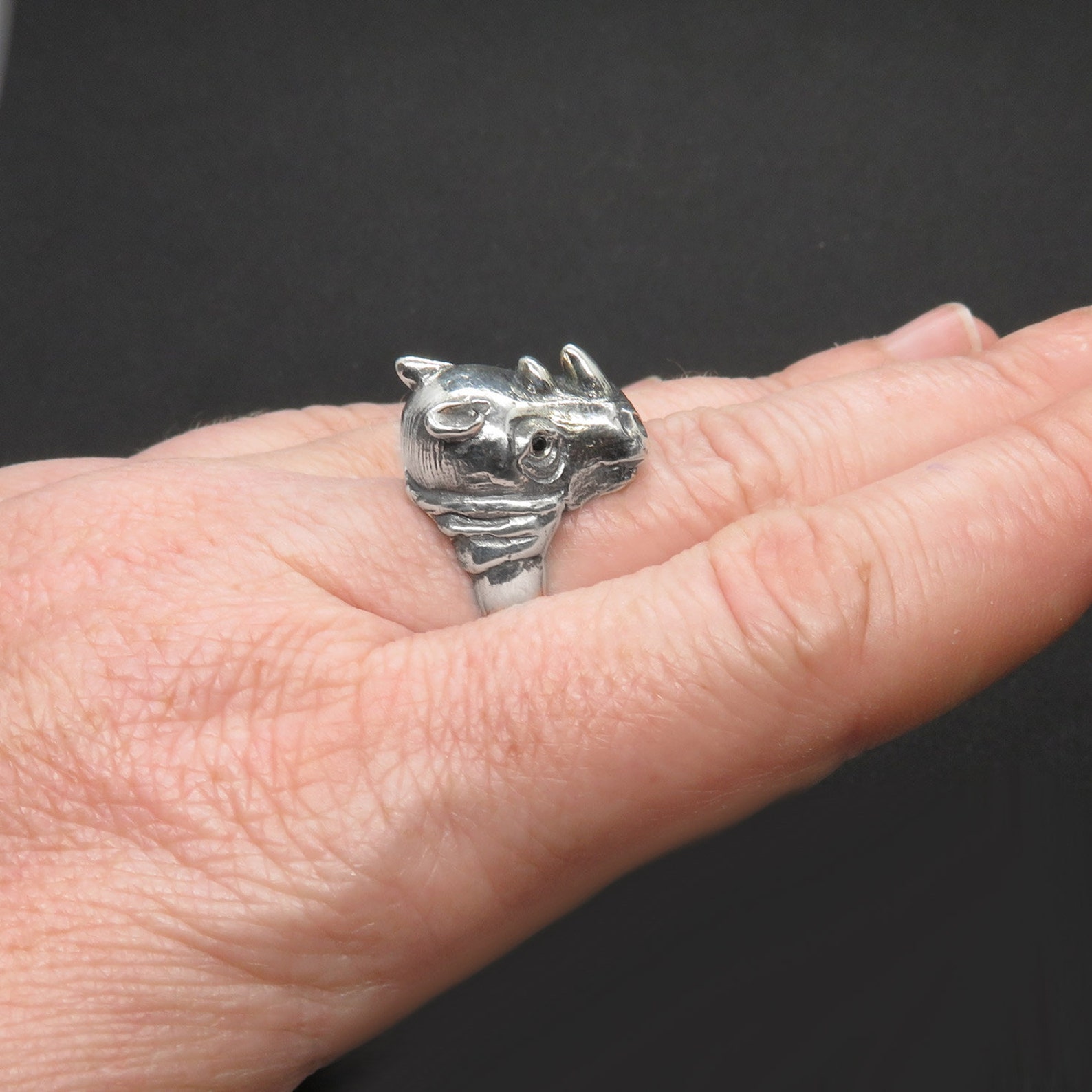 Rhinoceros Ring With Black Diamonds - Chunky Animal Ring in Sterling ...