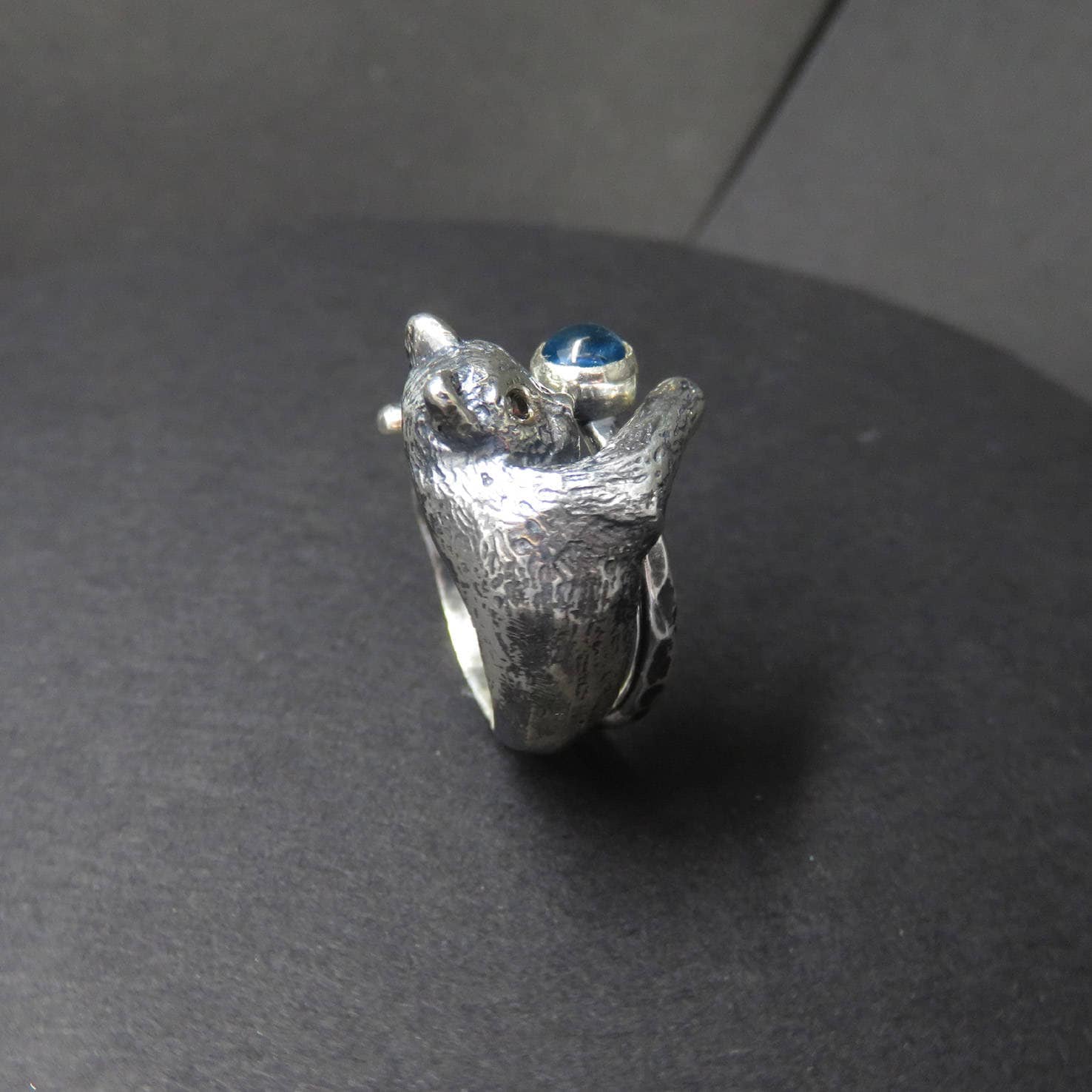 Cat Ring with Black Diamond Eyes Cat with Ball Blue Topaz | Etsy