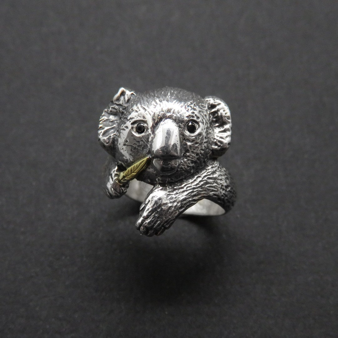 Cute Koala Ring With Black Diamond Eyes and 14K Yellow Gold Leaf - Cute ...