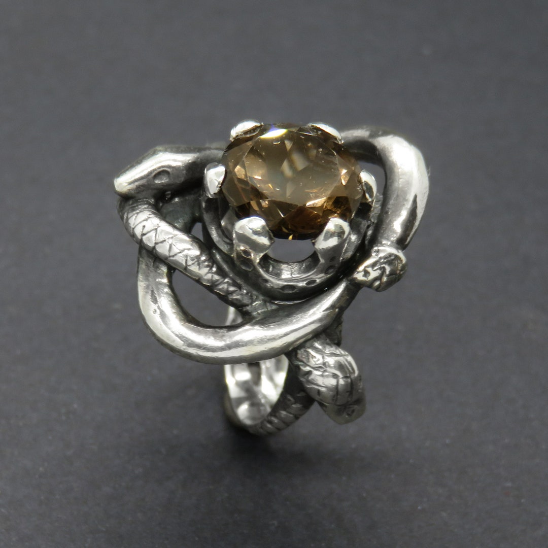 Sterling Silver Ring With Two Serpents Holding a Crown Set With Smoky ...
