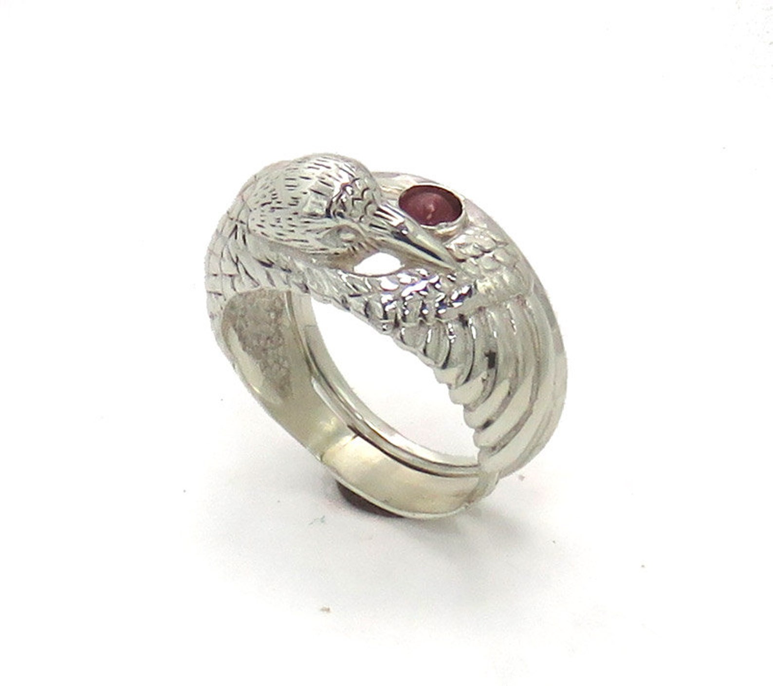 White Raven Ring With Ruby Companion - Sculpted Double Ring in Sterling ...
