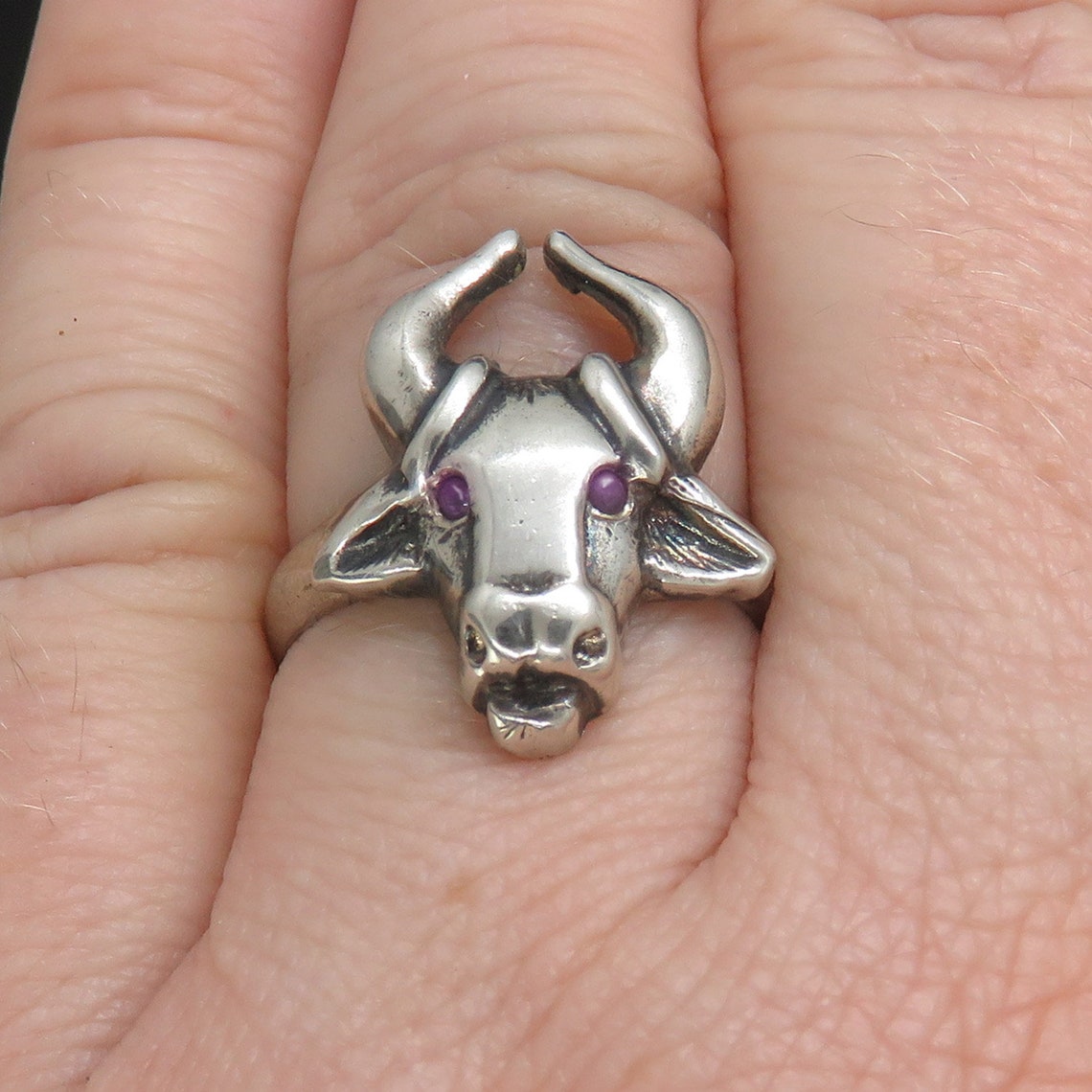 Taurus Ring with Amethyst Eyes Silver Ox Ring Bull Ring | Etsy