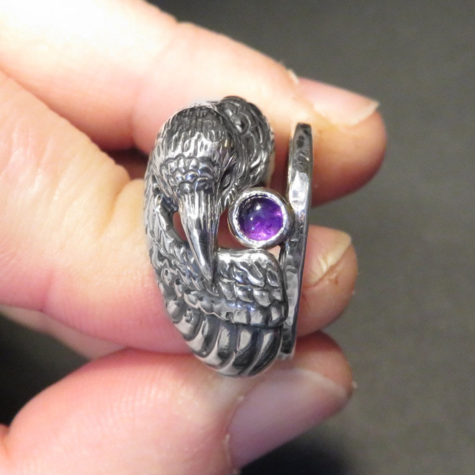 Raven Ring With Green Tourmaline Companion - Crow Ring for Witches and ...