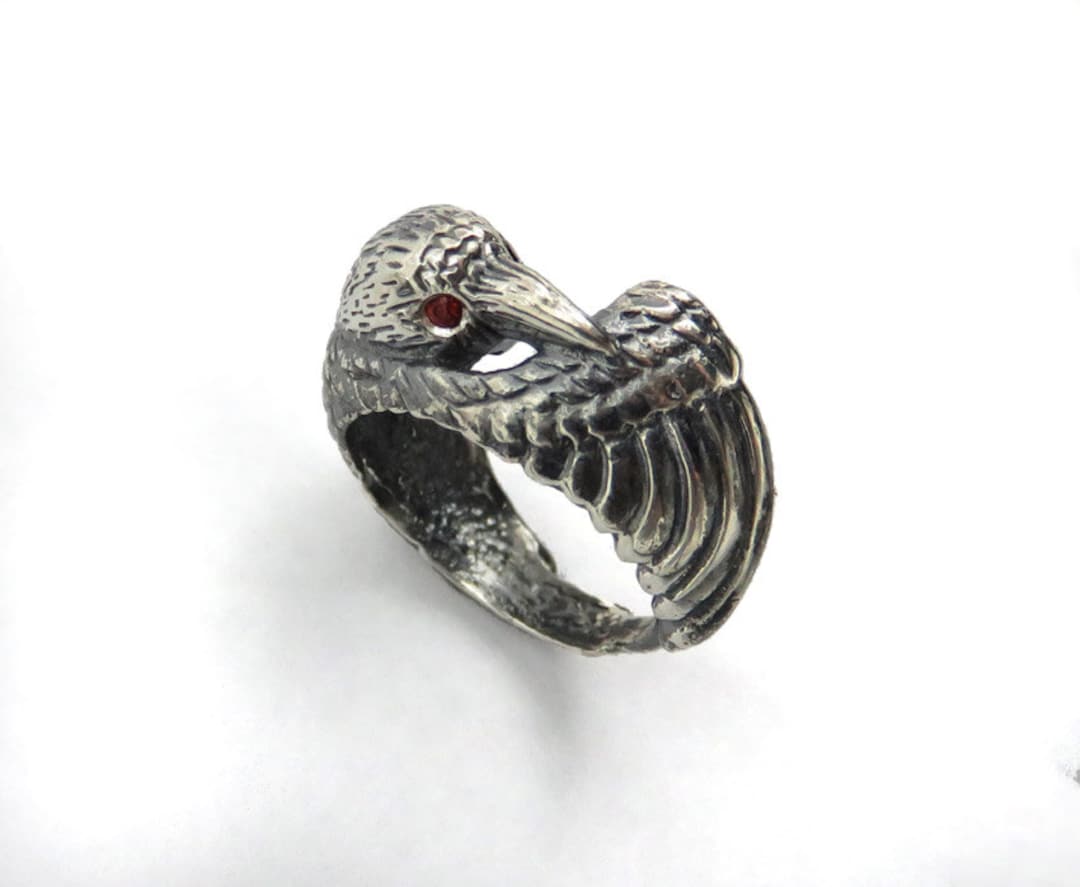 Raven Ring With Garnet Eyes - Silver Statement Ring - Totem Ring - Bird ...