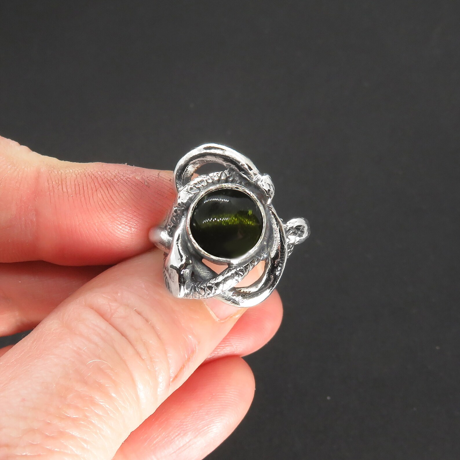 Entwined Serpents Ring With Dark Green Tourmaline - Sterling Silver ...