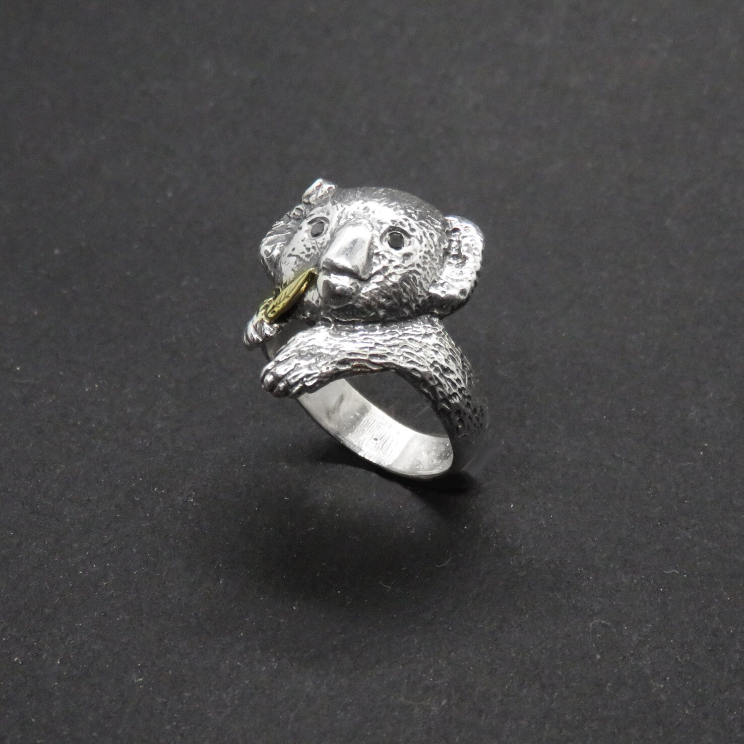 Cute Koala Ring with Black Diamond Eyes and 14K Yellow Gold | Etsy