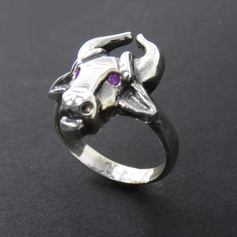 Taurus Ring With Amethyst Eyes Silver Ox Ring Bull Ring | Etsy