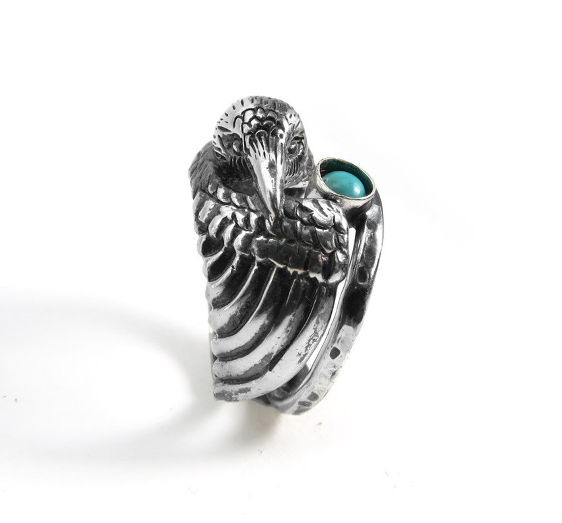 Black Raven Ring With Turquoise Companion - Sculpted Double Ring in ...