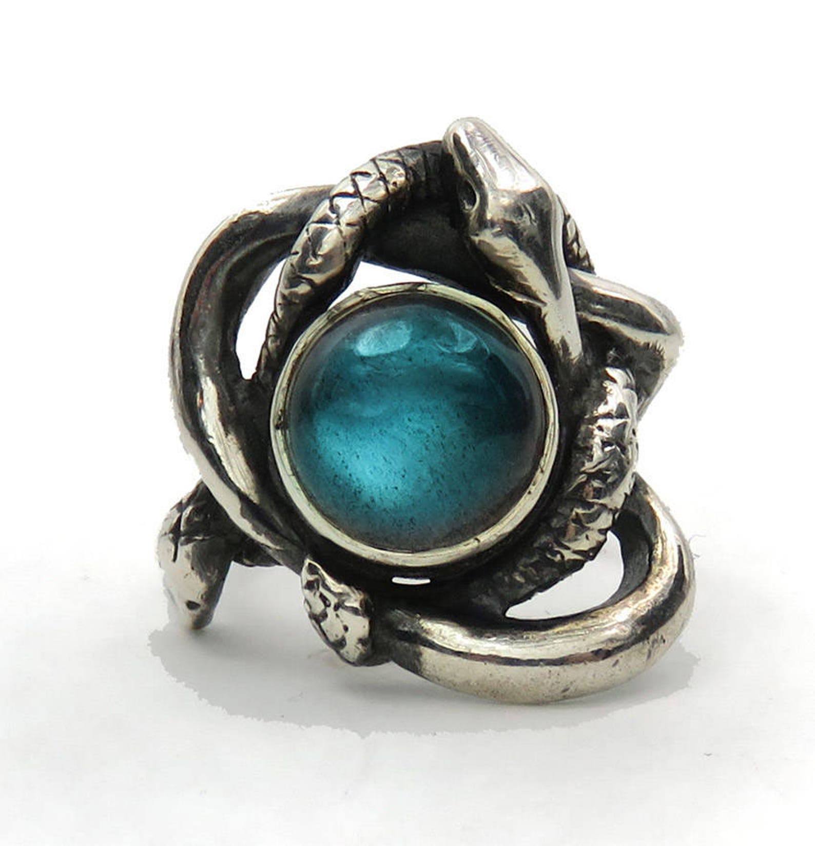 Mythical Serpents Ring With Malachite or Another Semiprecious Stone of ...