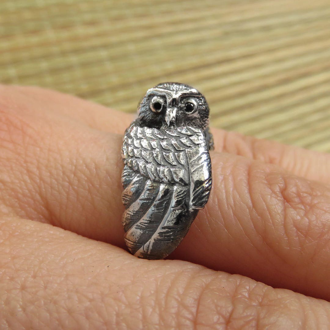 Owl Ring With Black Diamond Eyes - Totem Ring - Bird Ring - Silver Ring ...
