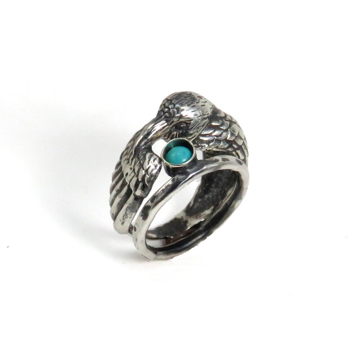 Black Raven Ring With Turquoise Companion - Sculpted Double Ring in ...