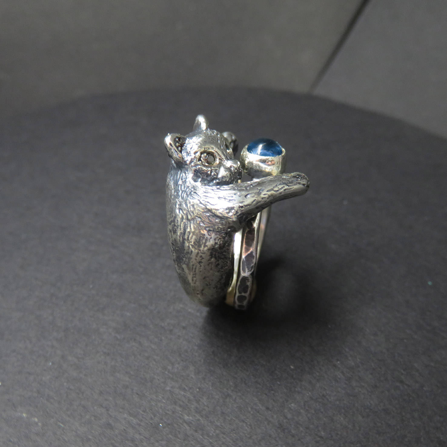 Cat Ring With Black Diamond Eyes - Cat With Ball - Blue Topaz Ring ...