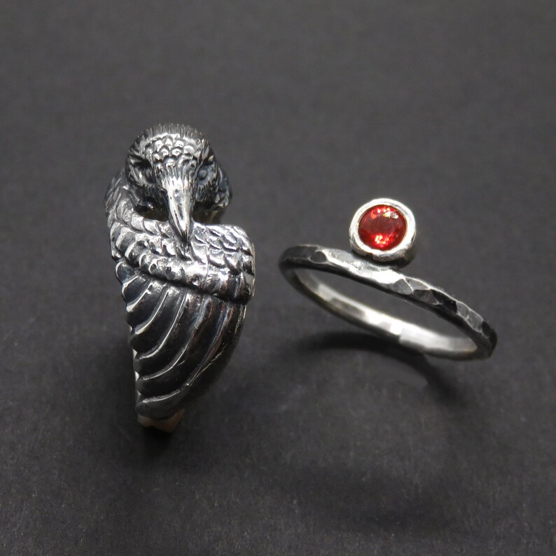 Raven Ring With Fire Opal Companion Mythical Crow Ring for - Etsy