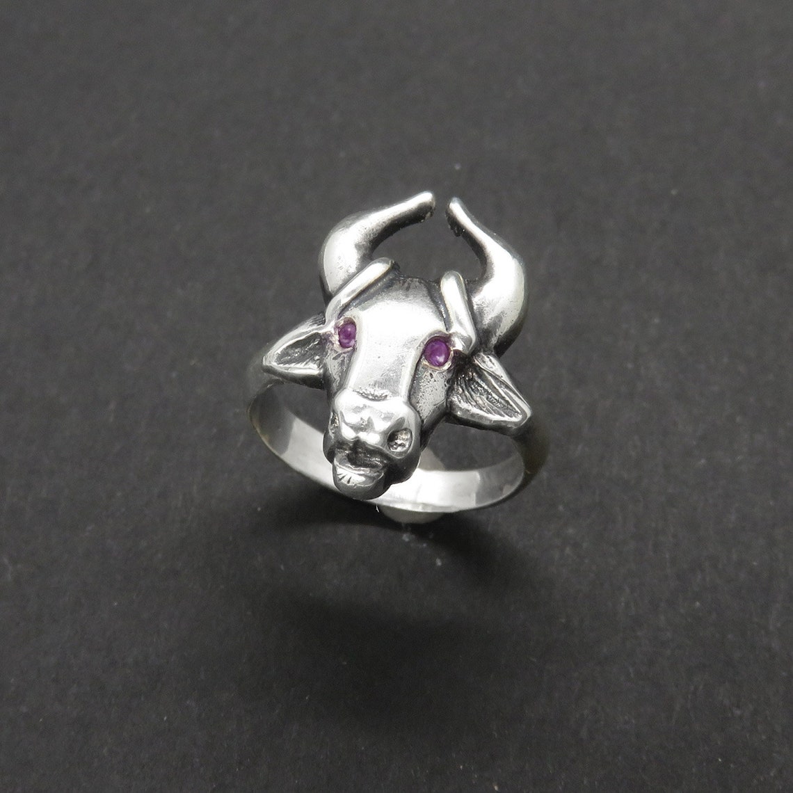 Taurus Ring With Amethyst Eyes Silver Ox Ring Bull Ring - Etsy Israel