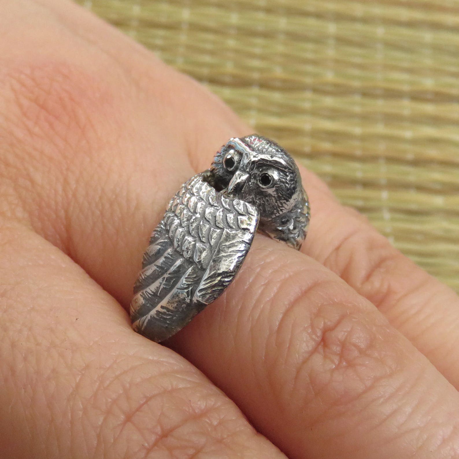 Owl Ring With Black Diamond Eyes - Totem Ring - Bird Ring - Silver Ring ...