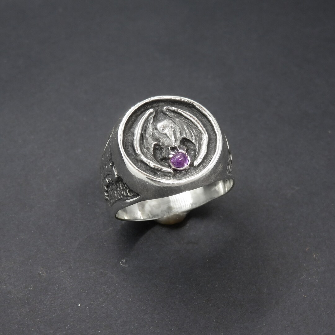Raven Signet Ring With Feather Design and an Amethyst - Huge Men's ...