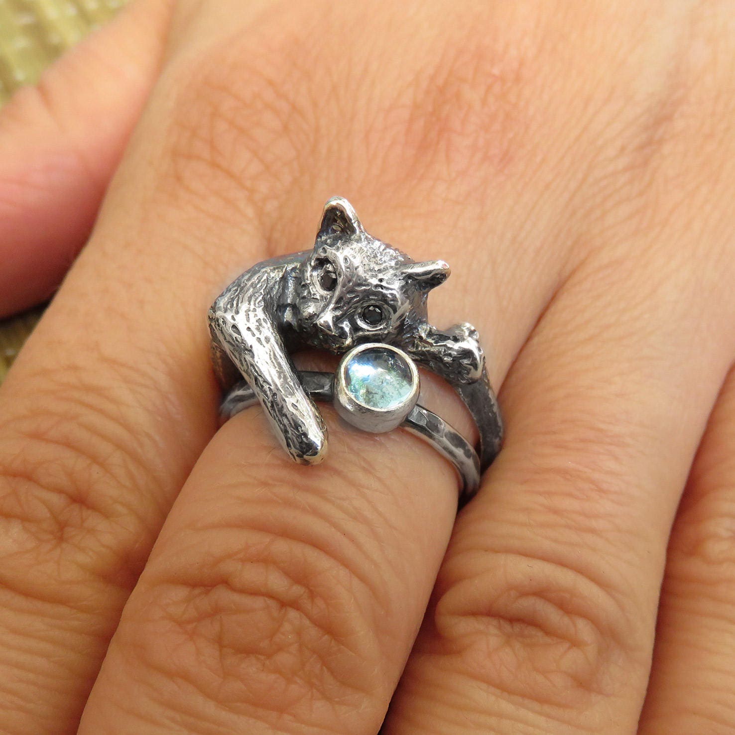 Cat Ring with Black Diamond Eyes Cat with Ball Blue Topaz | Etsy