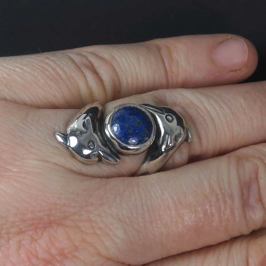 Two Dolphins Ring With Lapis Lazuli - Sculpted Sterling Silver Ring ...