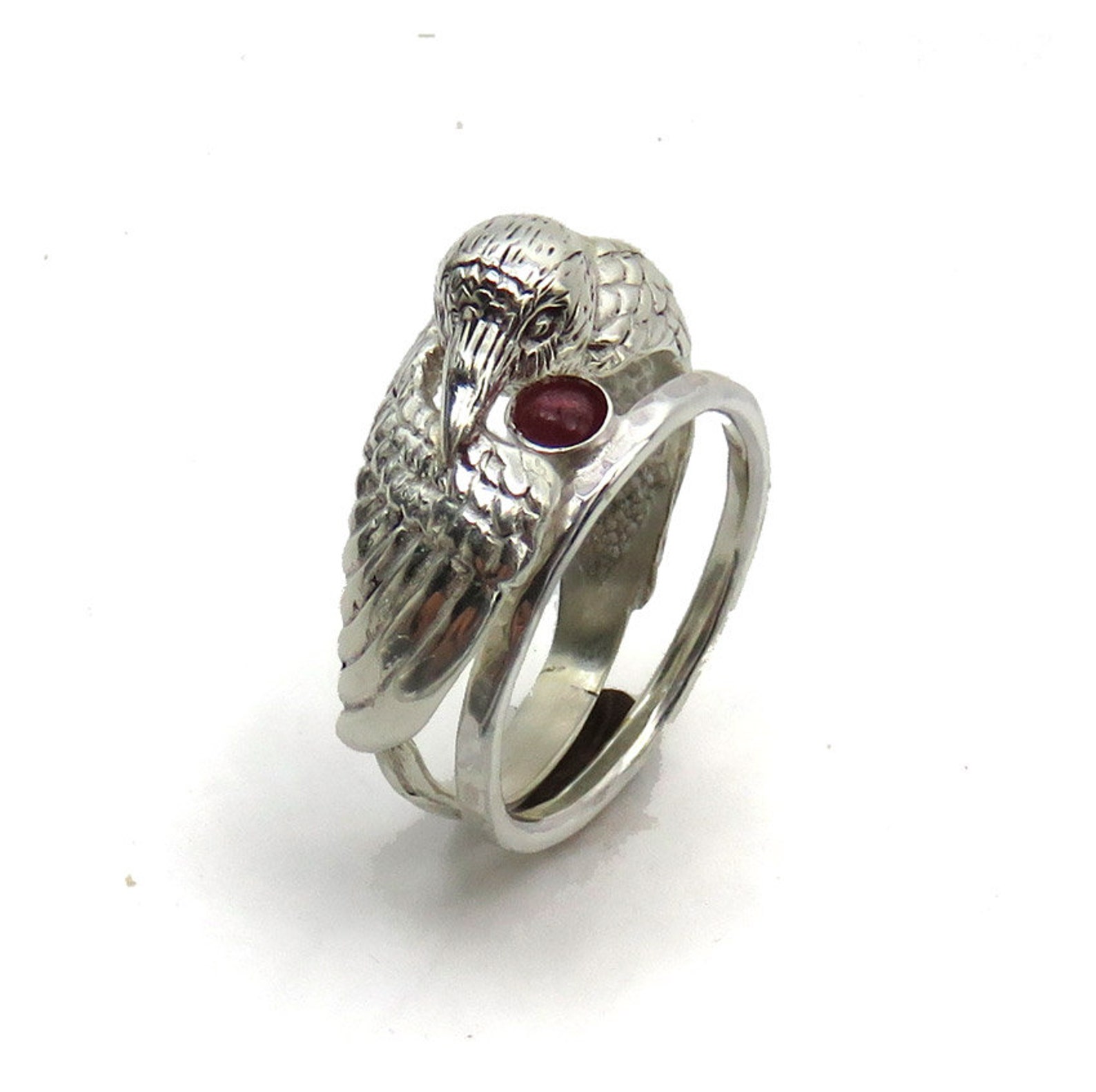 White Raven Ring With Ruby Companion - Sculpted Double Ring in Sterling ...