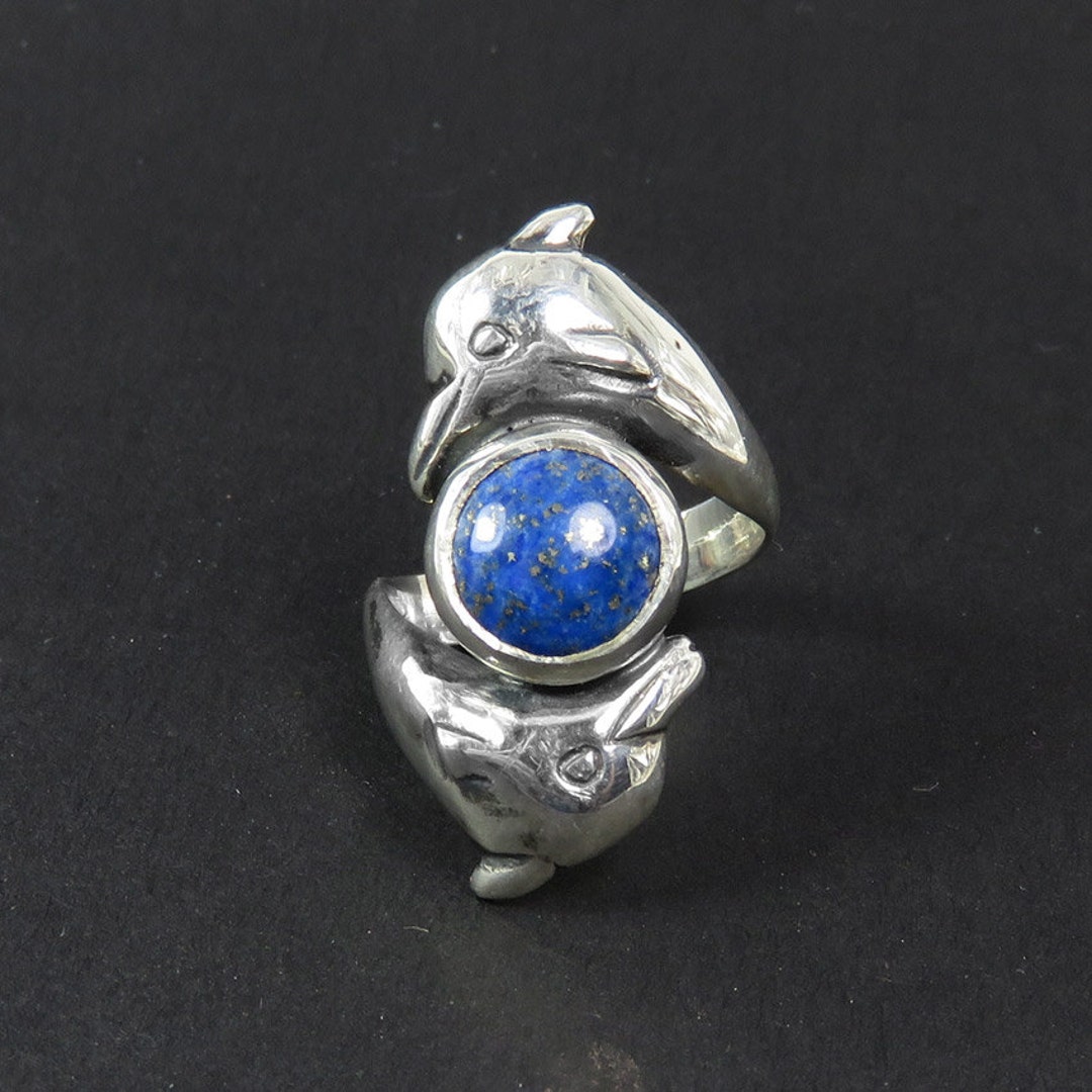 Two Dolphins Ring With Lapis Lazuli - Sculpted Sterling Silver Ring ...