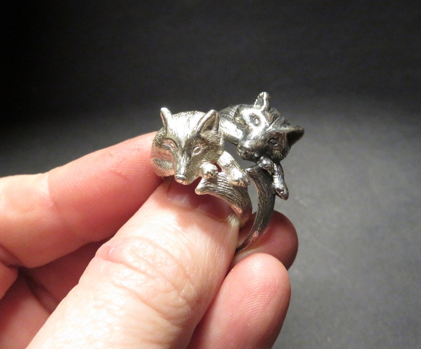 White Wolf Ring - Sculpted Lying Wolf Ring in Sterling Silver - Dog ...