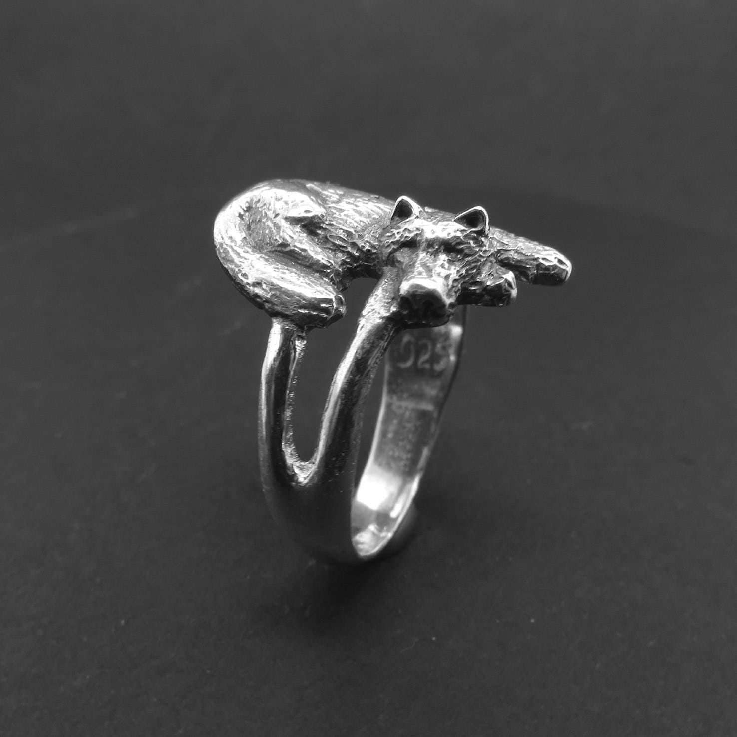 Lying Wolf Ring Dog Ring Statement Ring Silver Animal | Etsy