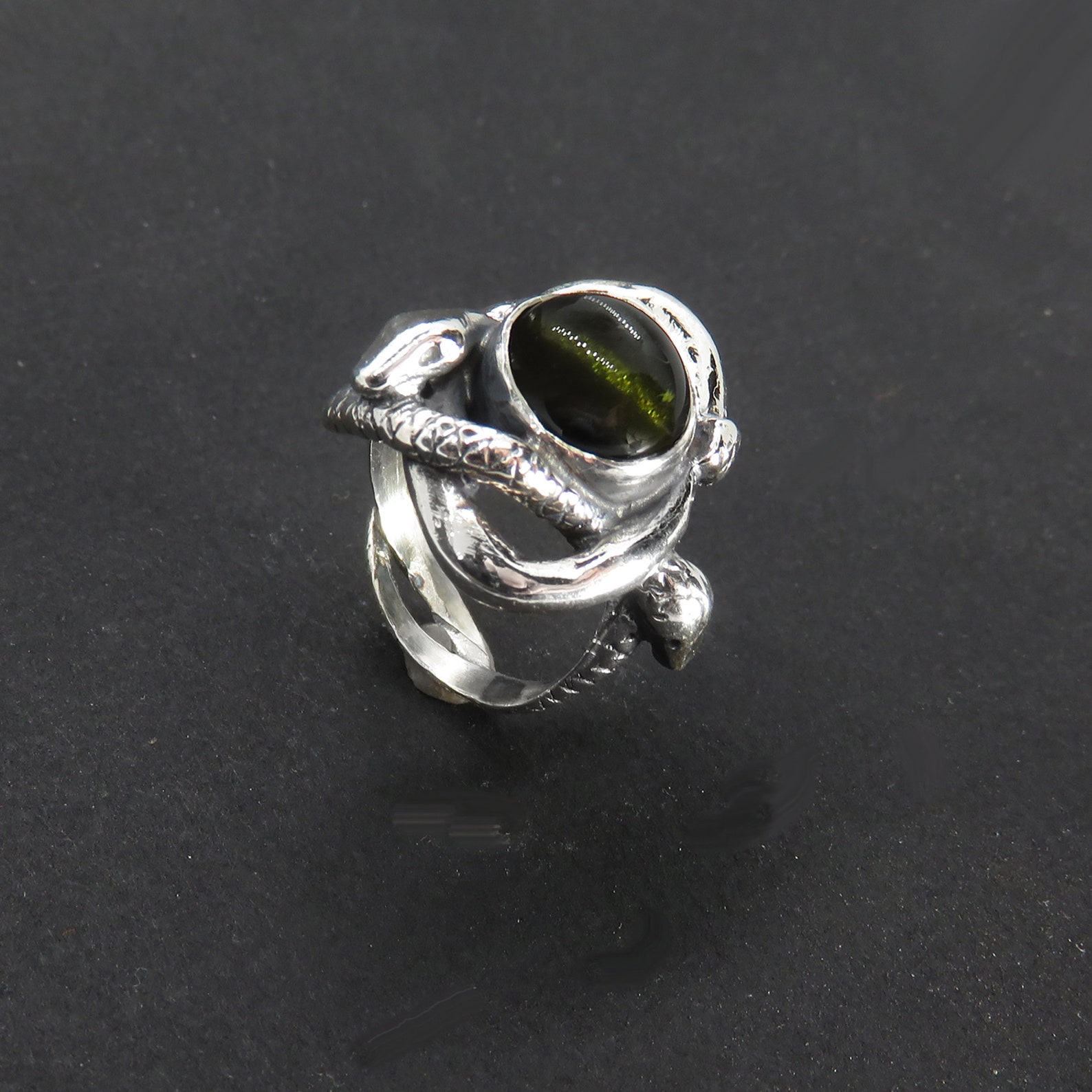 Entwined Serpents Ring With Dark Green Tourmaline - Sterling Silver ...