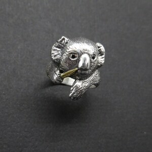 Cute Koala Ring With Black Diamond Eyes and 14K Yellow Gold Leaf - Cute ...
