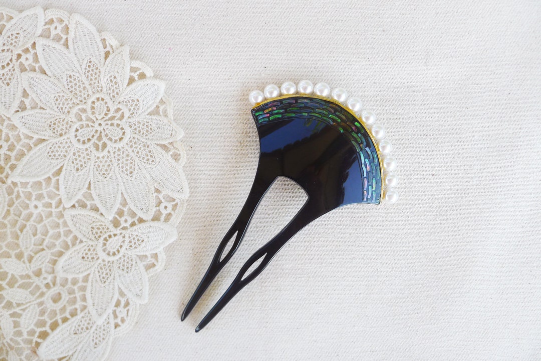 70s Japanese Kanzashi Hair Pin : Black Celluloid, Seashell Lacquer ...