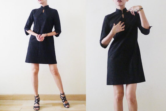 90s plain Black Cheongsam / QiPao Chinese half sleeve… - Gem