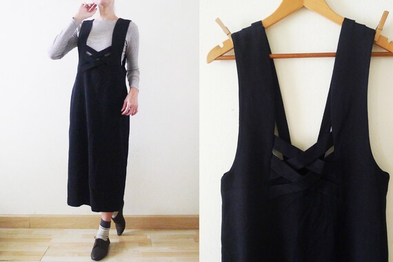 CUTE 80s Japanese vintage plain black maxi pinafore w… - Gem