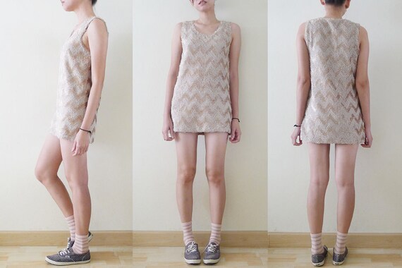 90s Beige FURRY micro Mini Summer Dress // long tank … - Gem