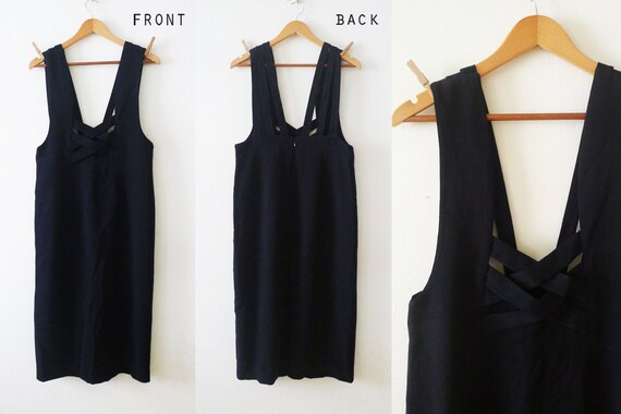 CUTE 80s Japanese vintage plain black maxi pinafore w… - Gem