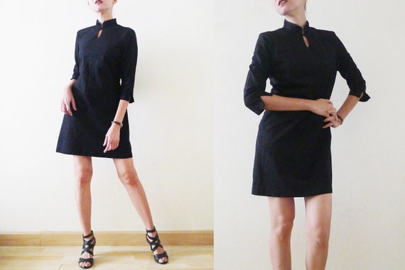 90s plain Black Cheongsam / QiPao Chinese half sleeve… - Gem