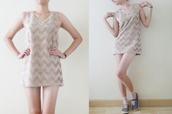90s Beige FURRY micro Mini Summer Dress // long tank … - Gem