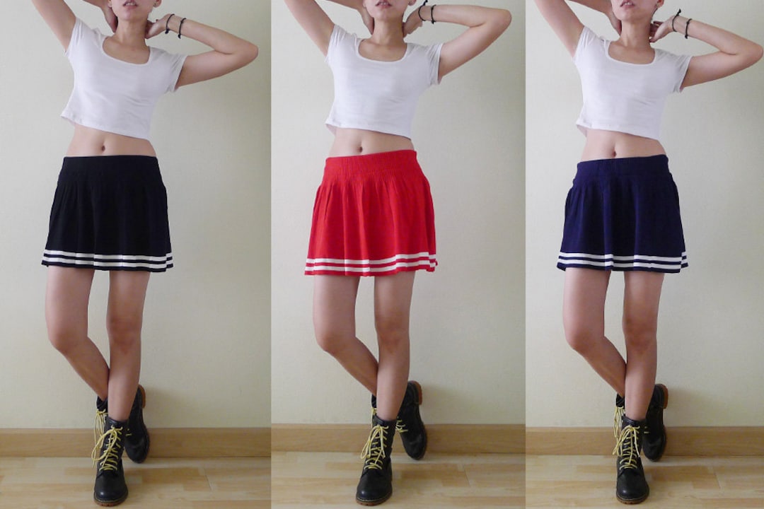 Sporty Micro Mini Skater Pleated Knit Skirt,elastic Waist,black // Navy ...