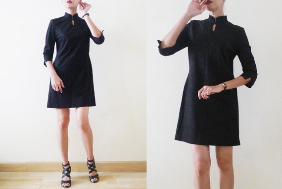 90s plain Black Cheongsam / QiPao Chinese half sleeve… - Gem