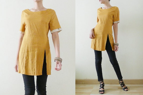 70s Plain Mustard Yellow tunic rayon cotton top,summe… - Gem