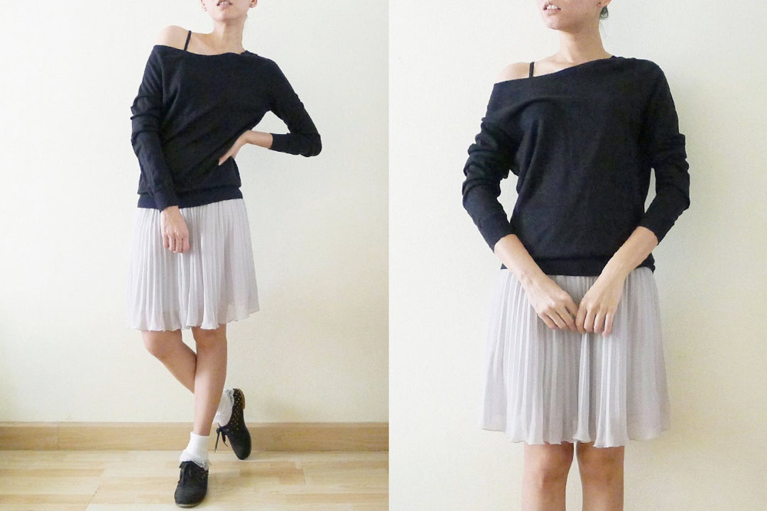 CUTE Vtg Flashdance Shoulder Sweater Pleated Dress,one Piece Navy Top ...