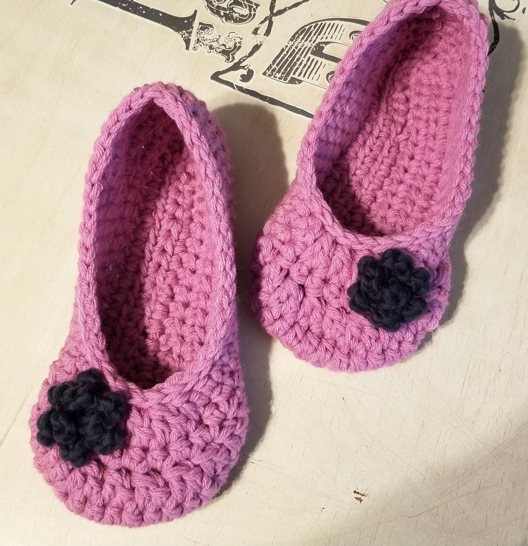Crochet Slippers in Pink With Navy Rose, Soft House Shoes, Womens ...