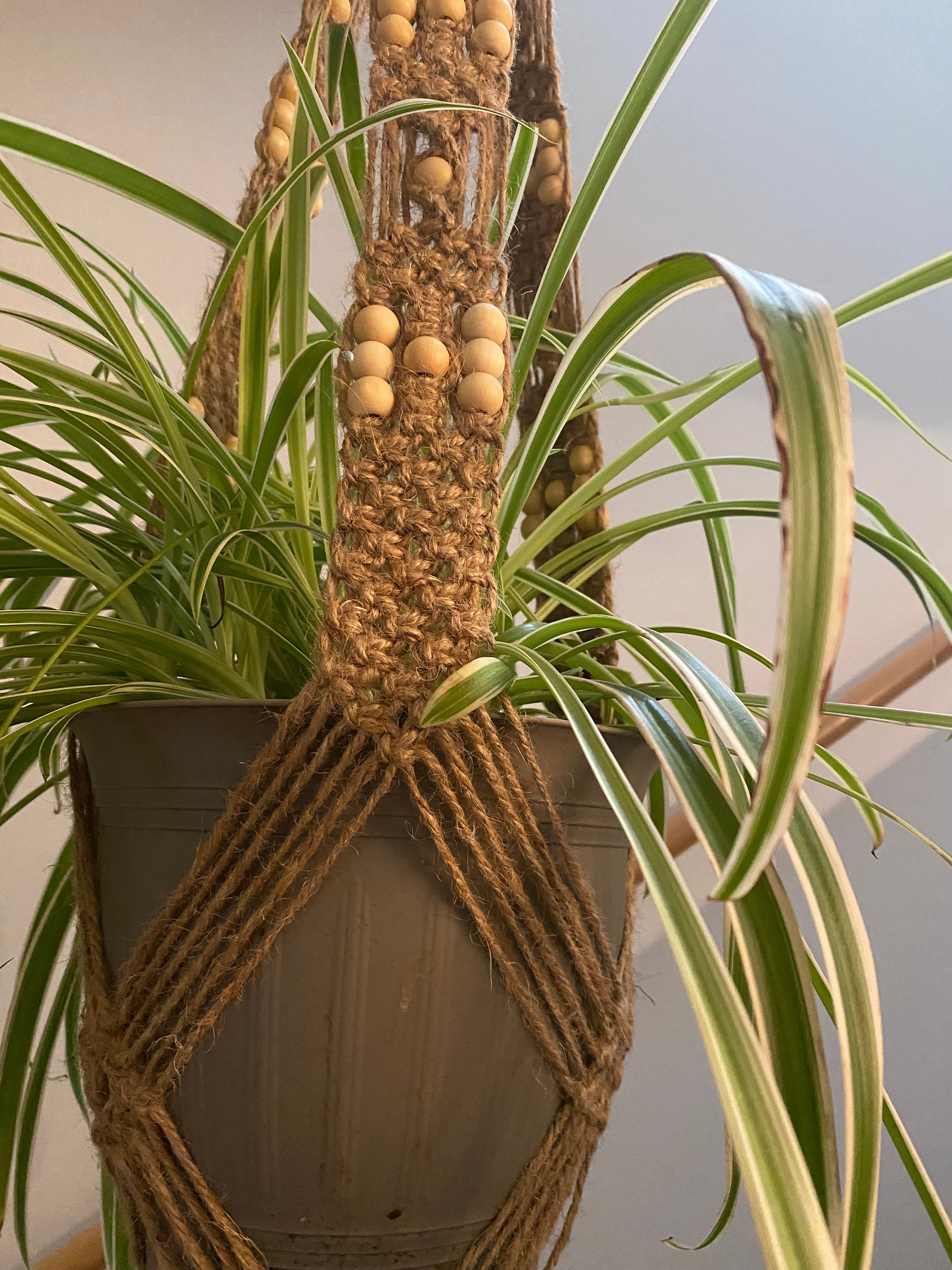 Large,macrame Plant Hanger, Natural Jute and Wooden Beads. - Etsy
