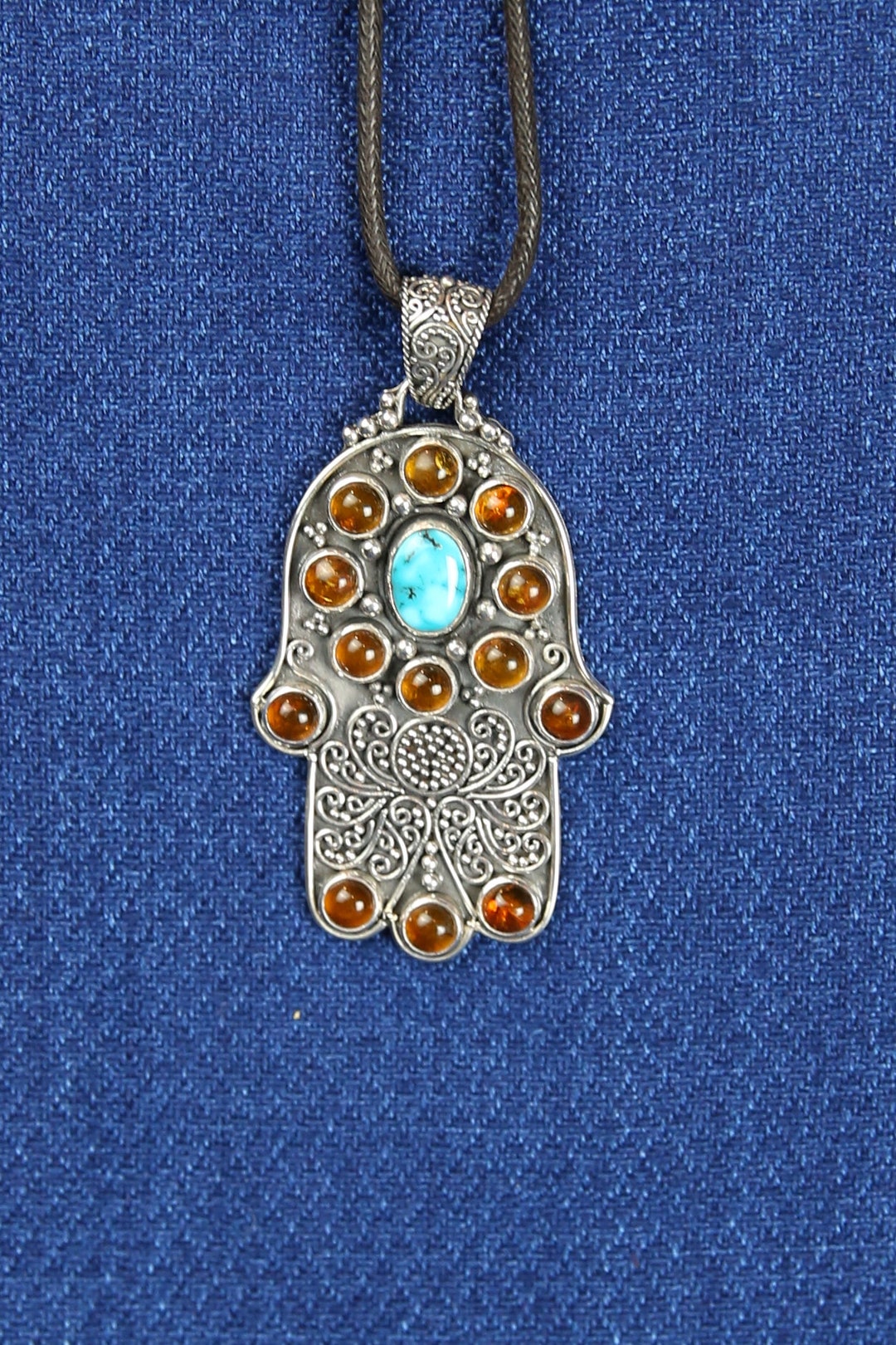 Hand of Fatima Khamsa Filigree Amber Turquoise Sterling Silver Pendant ...